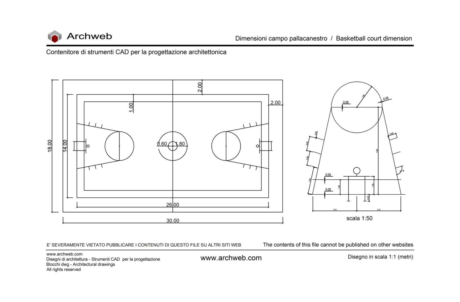 Basketball court dimensioned - Archweb dwg