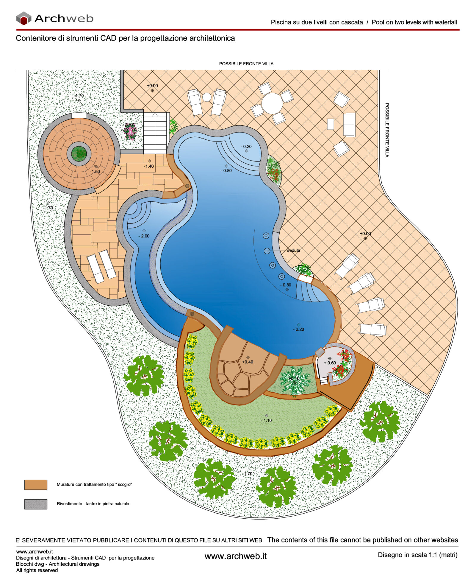 Swimming pool with waterfall - Archweb dwg