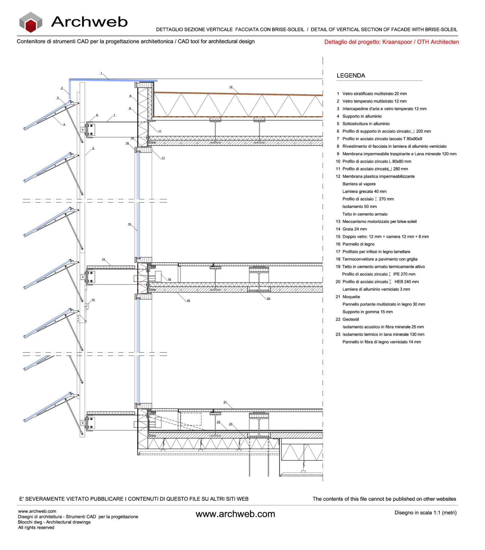 Sezione facciata con schermo a vetri - Archweb dwg